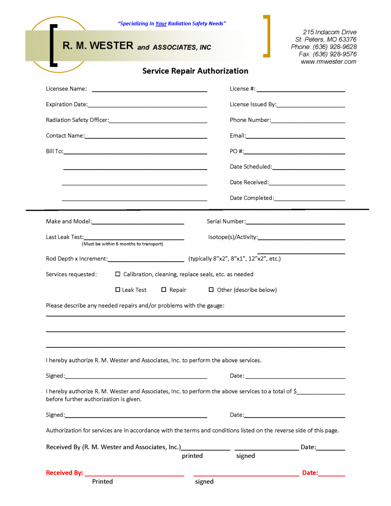 gauge service repair authorization form PNG - R. M. Wester & Associates ...